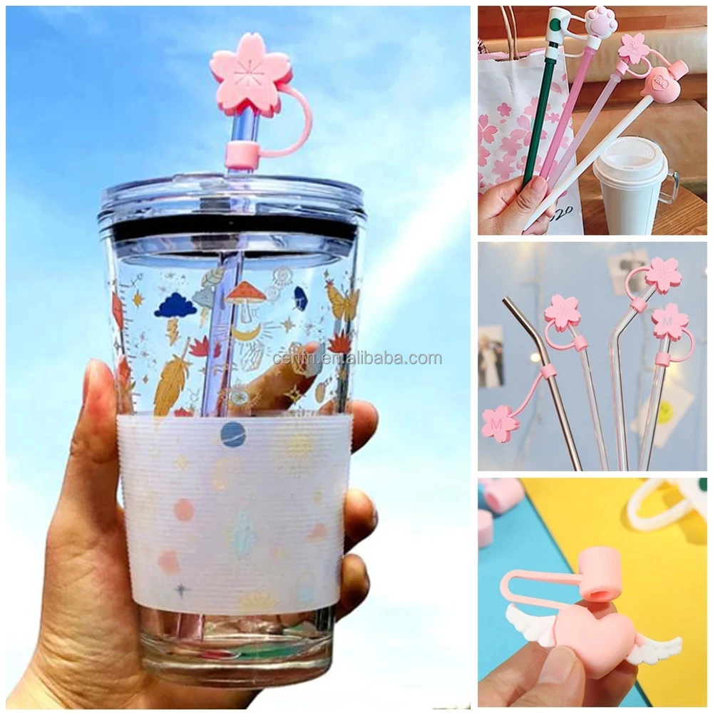 Reusable PVC & Silicone Straw Cover Cute Dust Toppers Splash Proof ...