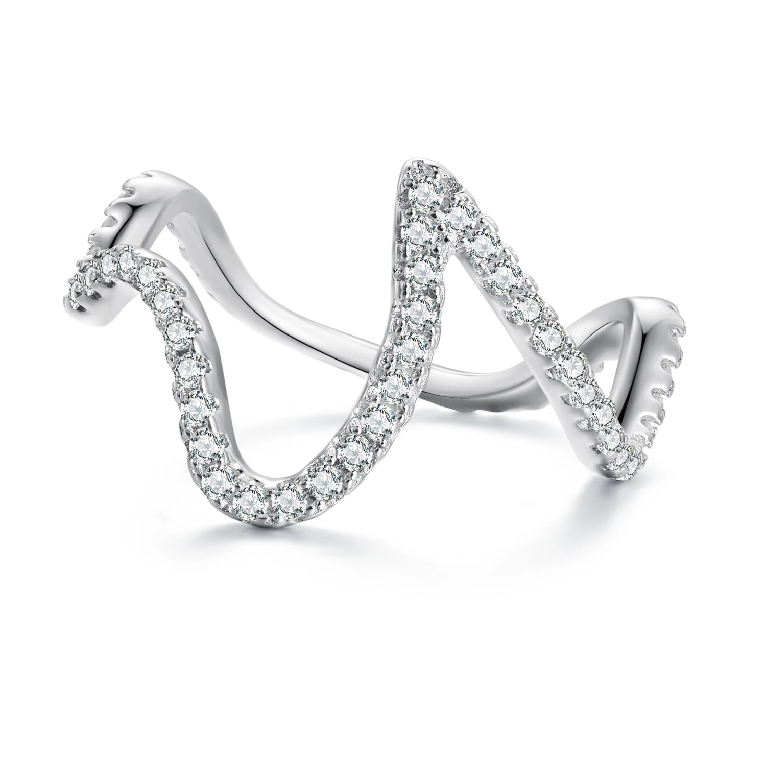 Leicare Platinum Plated Wave Style Finger Ring Inlaid Cubic Zirconia ...