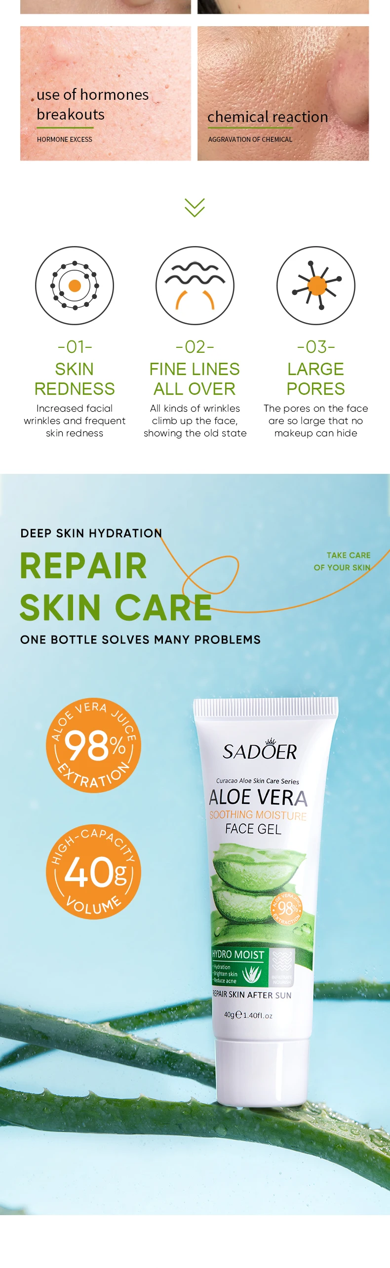 Private Label Obo Cosmetic Sadoer Natural Skin Care Moisturizing Forever Soothing Aloe Vera Gel ...