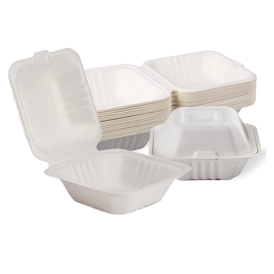 Biodegradable 6x6 Clamshell Hinged Box Takeaway Bagasse Pulp Sugarcane ...