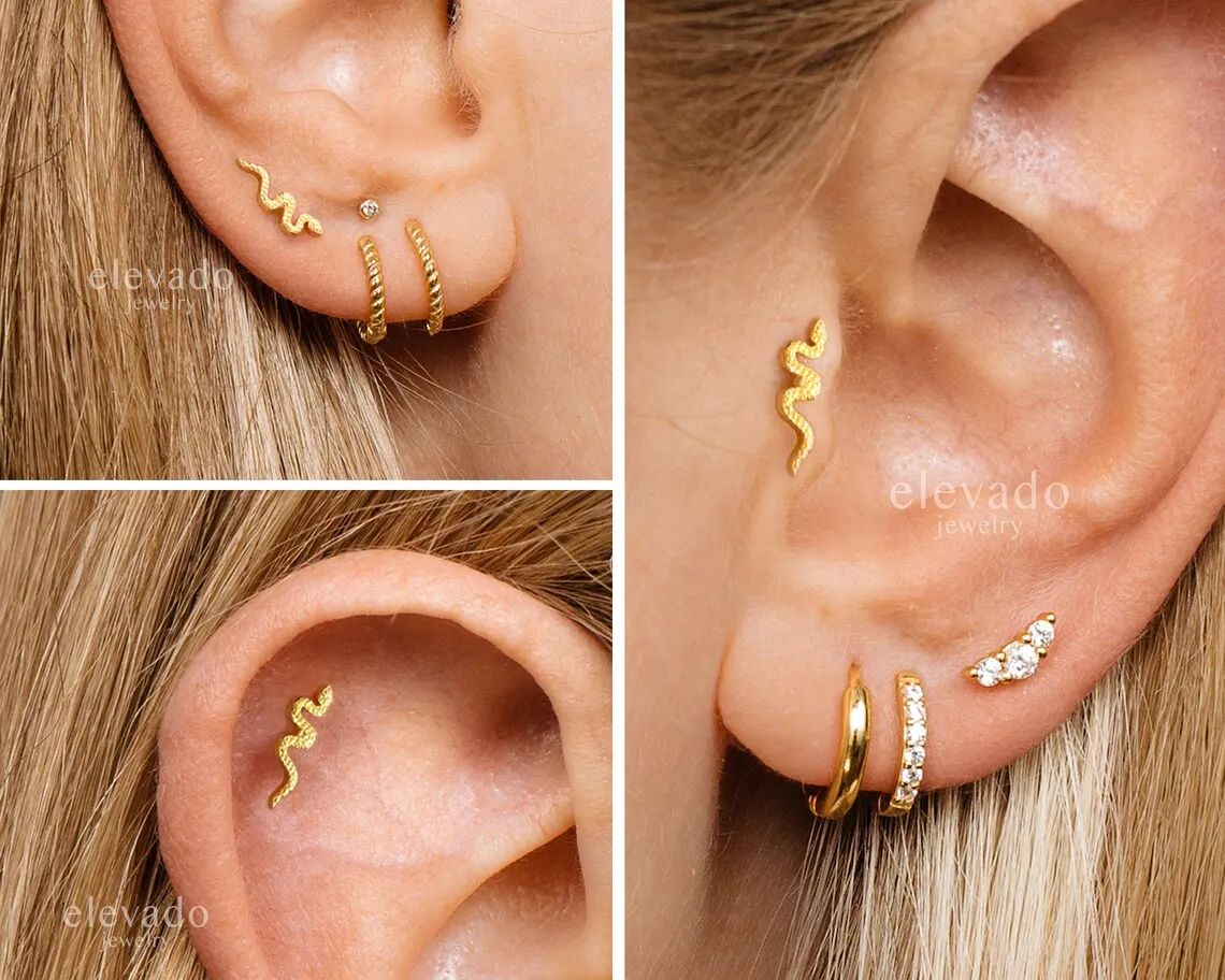 Tiny Serpent Cartilage Gold Stud Earrings Snake Tragus Snake Conch ...