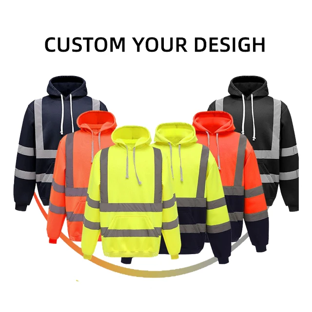 Stripe Patchwork Sublimation Construction Custom Hi Vis Hooded Jacket Work Hoodies Reflective ...