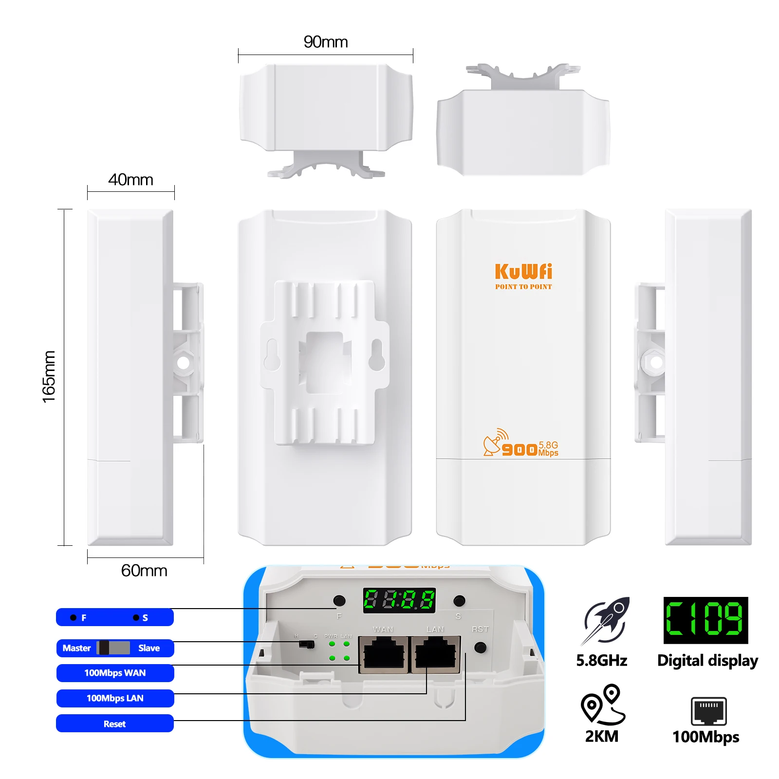 Kuwfi Outdoor CPE 2km Long Range 5.8G 900mbps Wifi Bridge