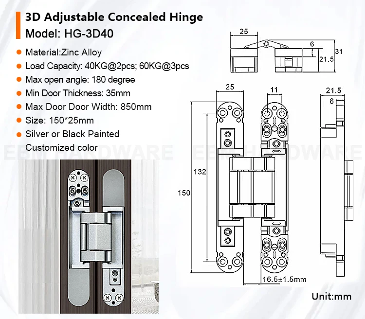 Zinc Alloy 3D Adjustable Concealed Hinges for Doors - 180° Opening, OEM/ODM
