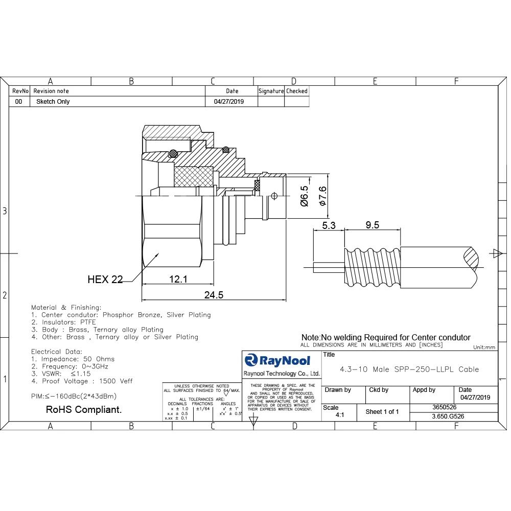 Raynool Low PIM Solution RF Coaxial Connector TNC to RG402 Cable for ...