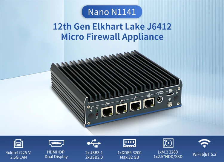 X86 Firewall Router Board J6412 - Fanless 4 Lan Mini PC