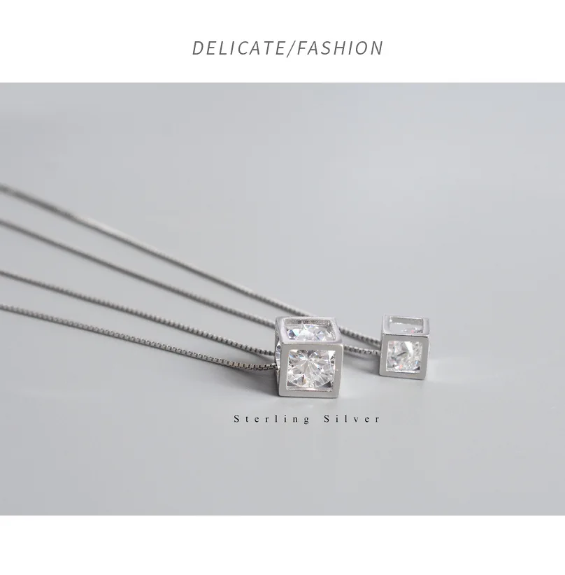 Simple Three-dimensional Rubik's Cube Crystal Necklace S925 Silver Women's Block Clavicle Chain ...