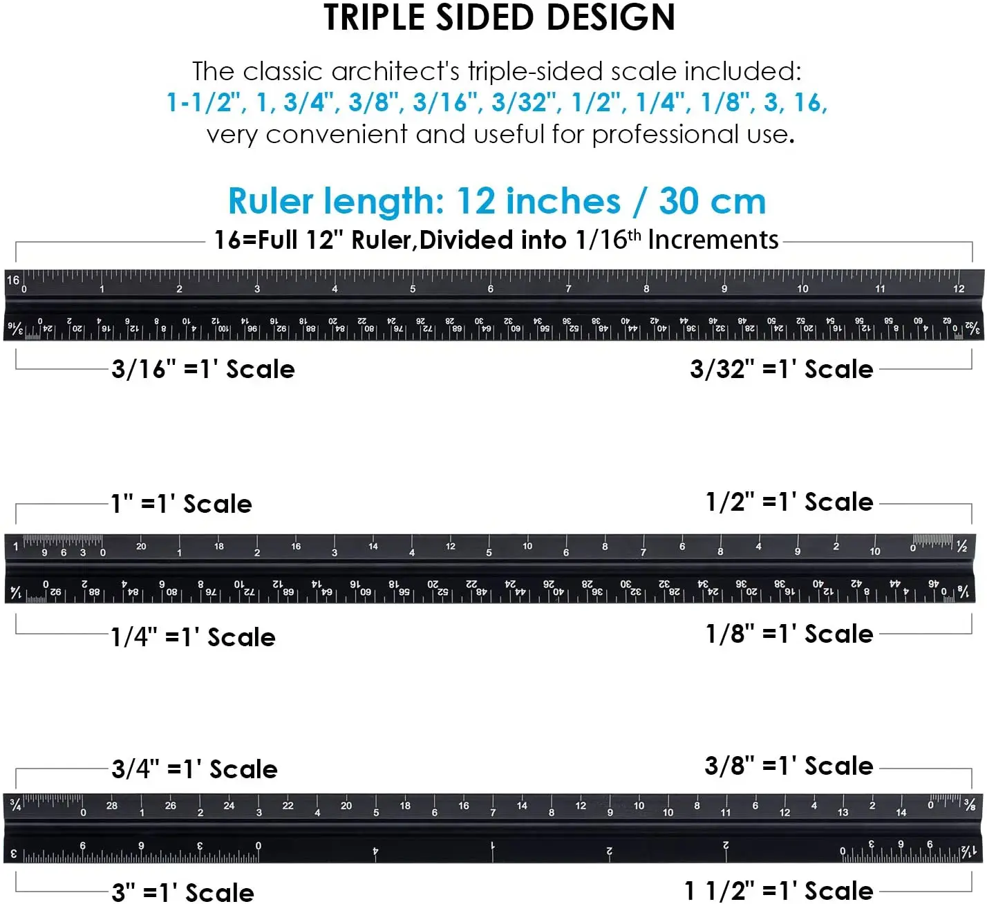 Black Aluminum Architect Scale Triangular Scale Ruler For Engineers ...