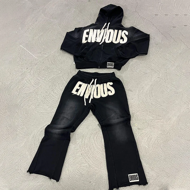 Custom Jogger 2 Piece Set Applique Embroidery Distressed Patch Hoodie ...