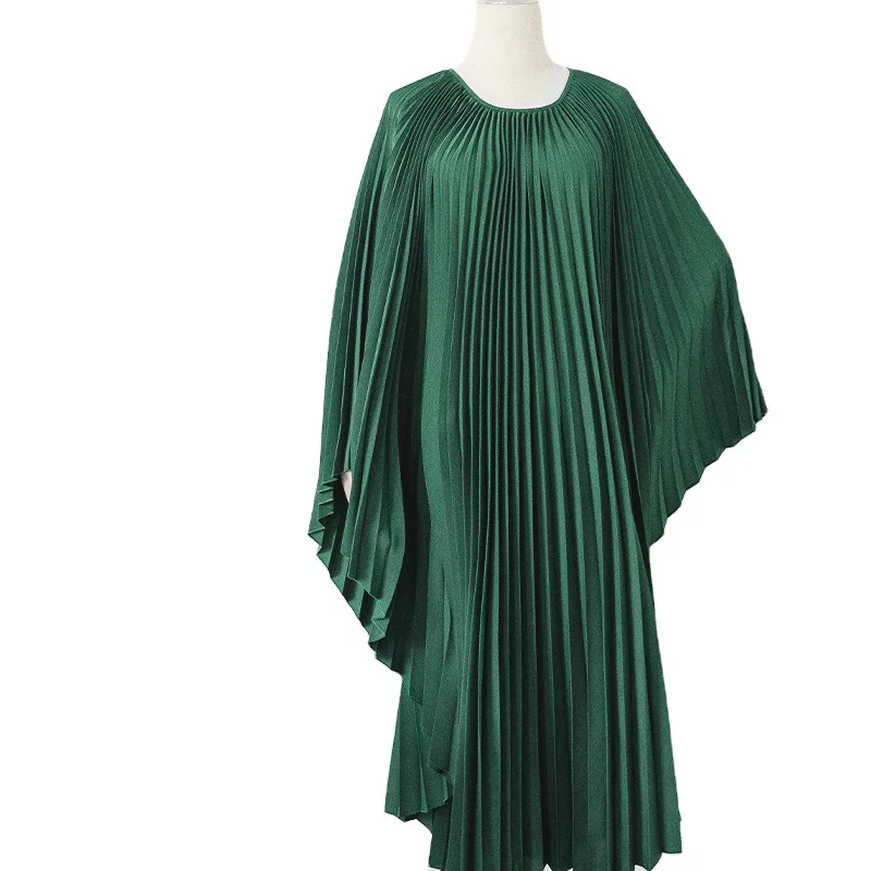 2024 Miyake Fashion Satin Women's Dress Green Polyester Women's Dress ...