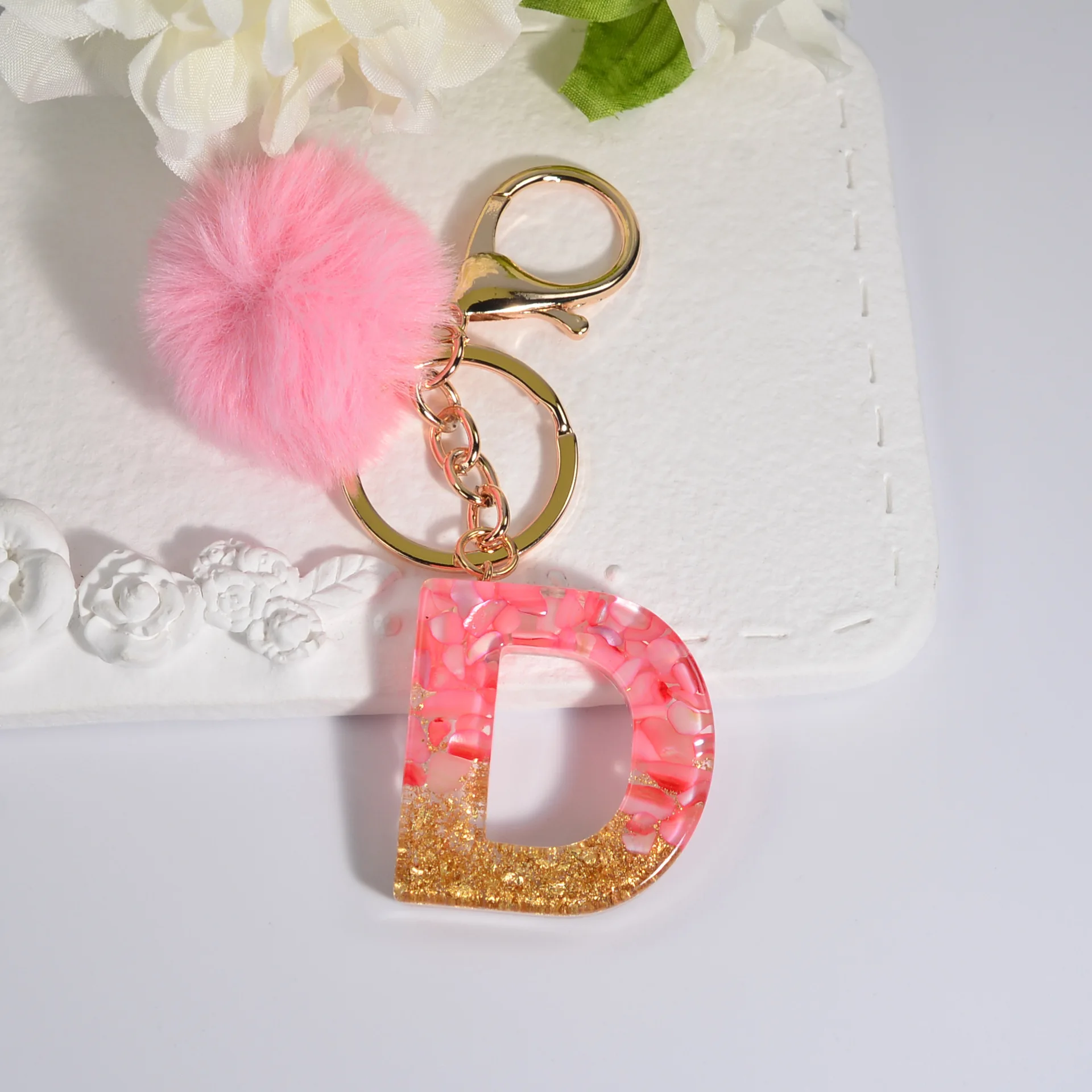 26 Letters English Pink Pompom Key Rings Red Rose Gold Foil Filling ...