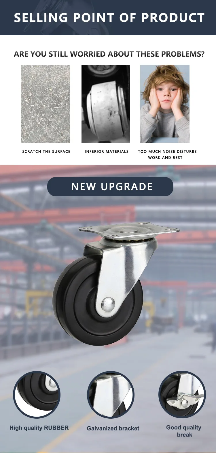 1 Inch Black Rubber Small Castor Wheel Cast Roller Bearing Side Brake ...