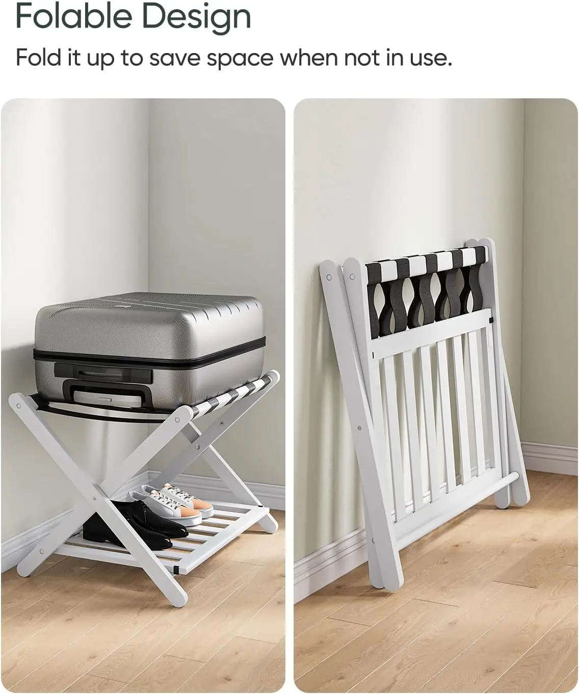 Fully Assembled White Luggage Rack For Guest Room,5 Straps Bamboo ...