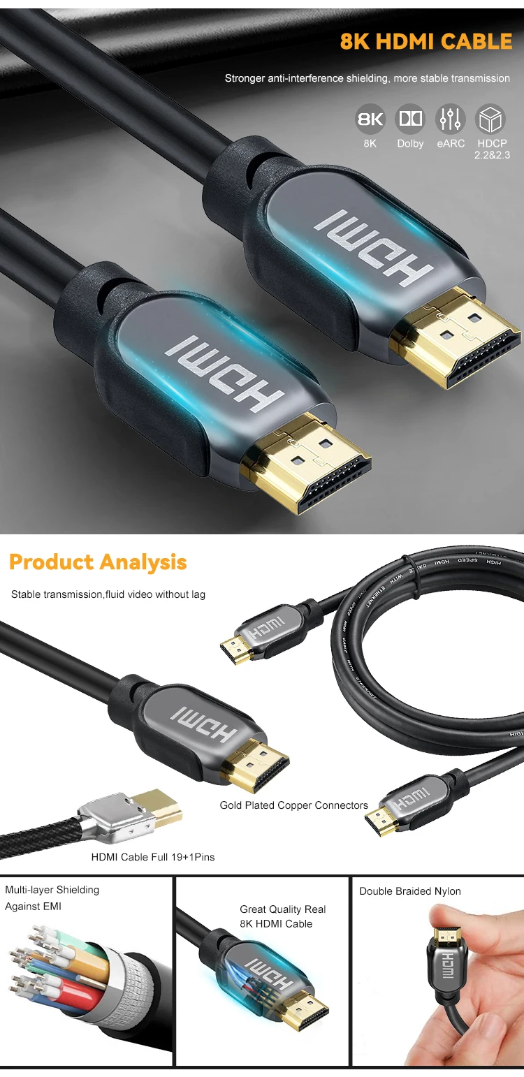 Factory Certified Premium 1m 1.5m 2m 3m 5m 8k 60hz 2.1 Hdmi Cable For ...