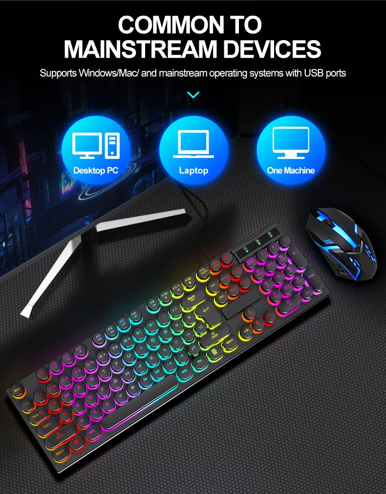 104 Keys Round Keycaps Gaming Keyboard Mouse Combo Gamer Keyboard Wired ...