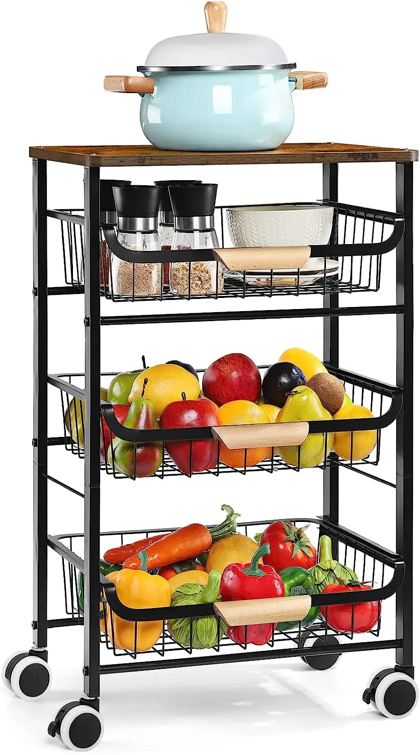 Metal Rolling Utility Cart Mesh Basket Pantry Cart Rack With Wooden ...