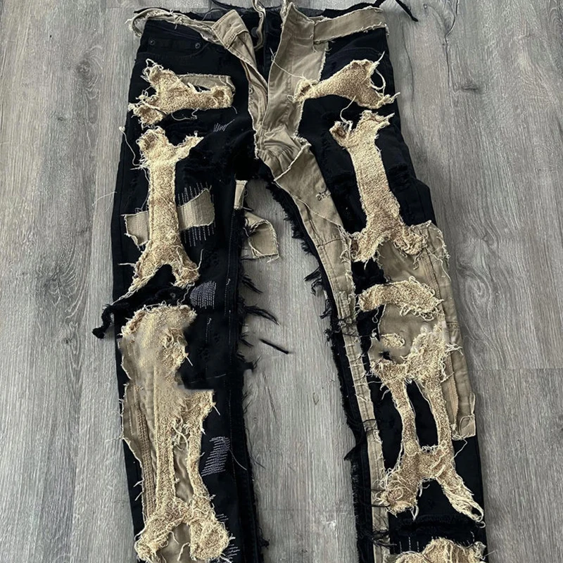 YSJY New Arrival Distressed Patch Jeans Streetwear Hip Hop Vintage ...