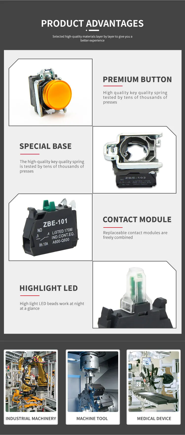 XB4 XB5 Industrial Push Button Switch with Lamp NO NC 22MM Flat Rotary ...