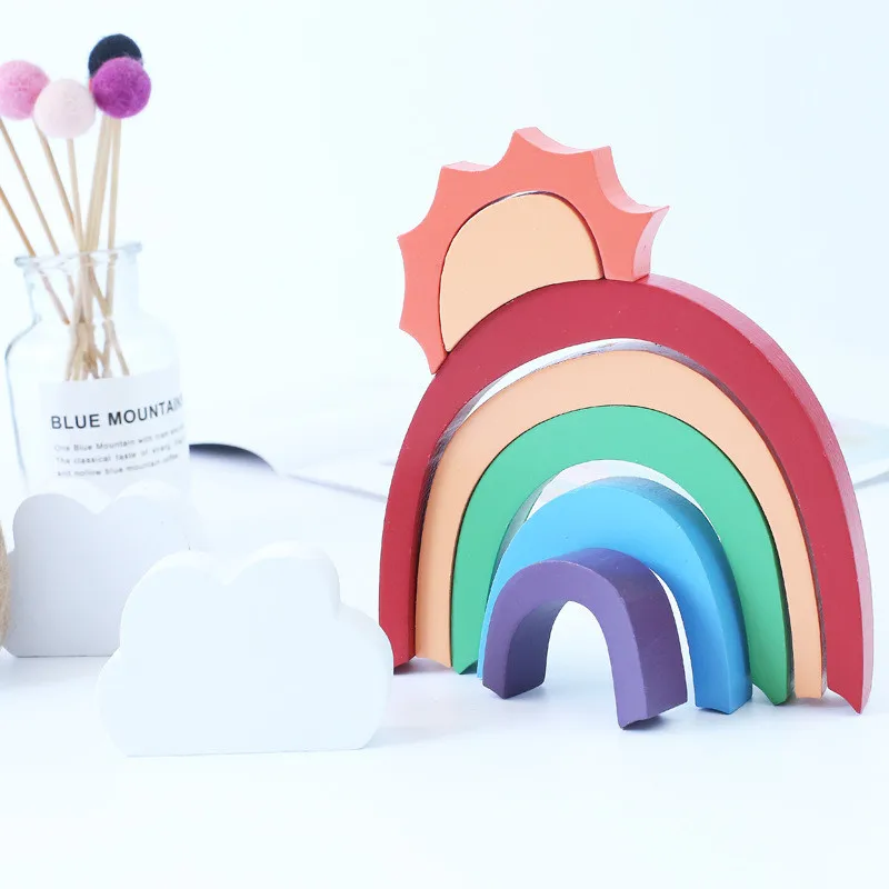Wooden Montessori Rainbow Arched Stacker Wooden Rainbow Building Blocks ...