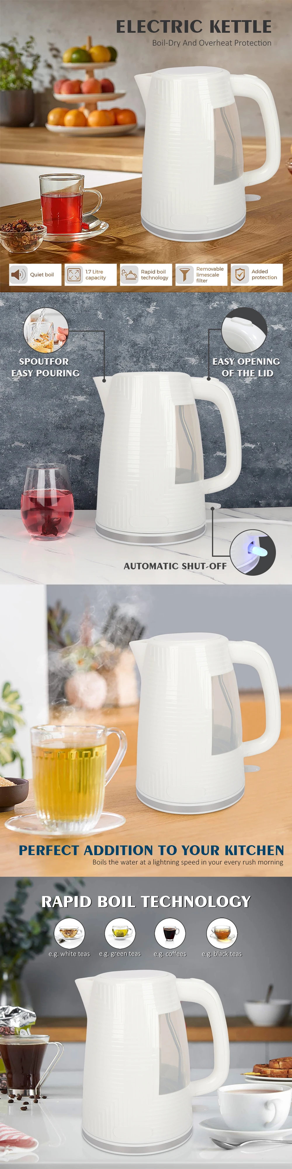 2000w Electric Plastic Kettle 1.7l With Overheating Protection Water ...