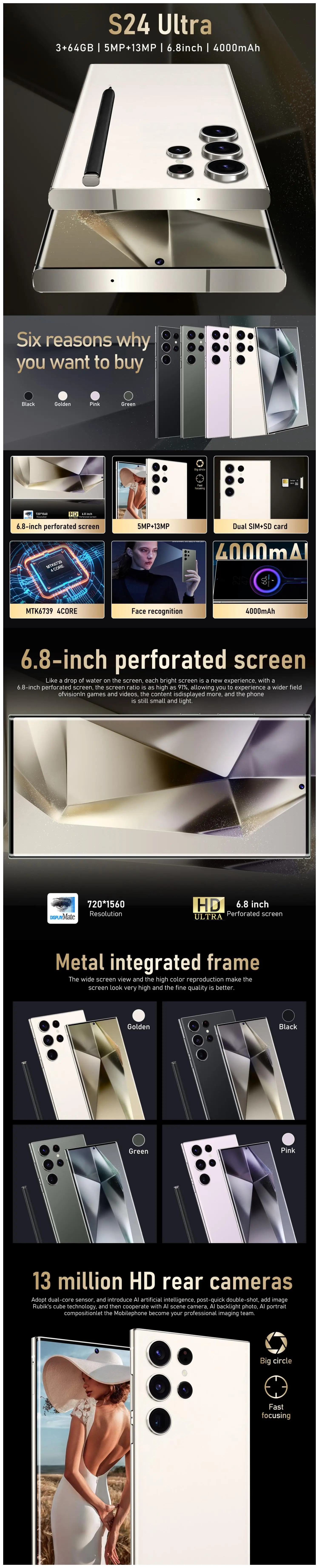 Original S24 Ultra 6.8" Hd Screen Smart Phone 3gb+64gb 4g Dual Sim Card ...