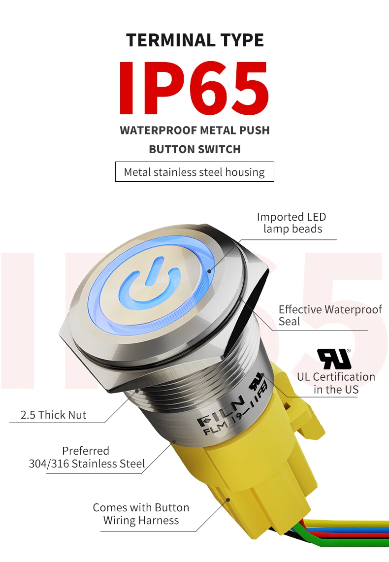 FILN 19mm SPDT 5-Pin Terminal IP67 Push Metal Momentary NO NC Round ...