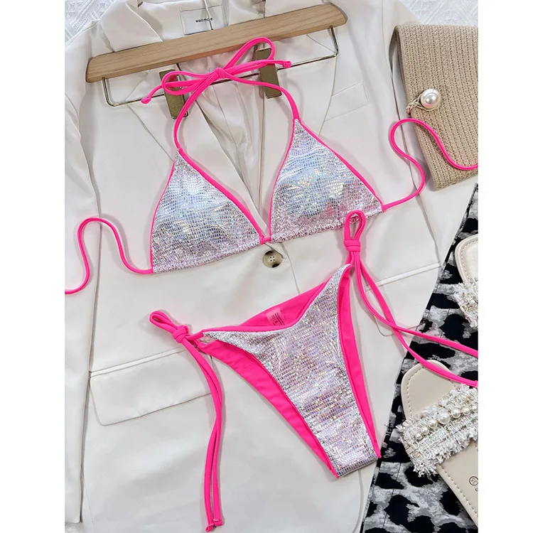Beautiful Ladies Swimwear Sequin Decoration Silver Pink Glitter Bling ...