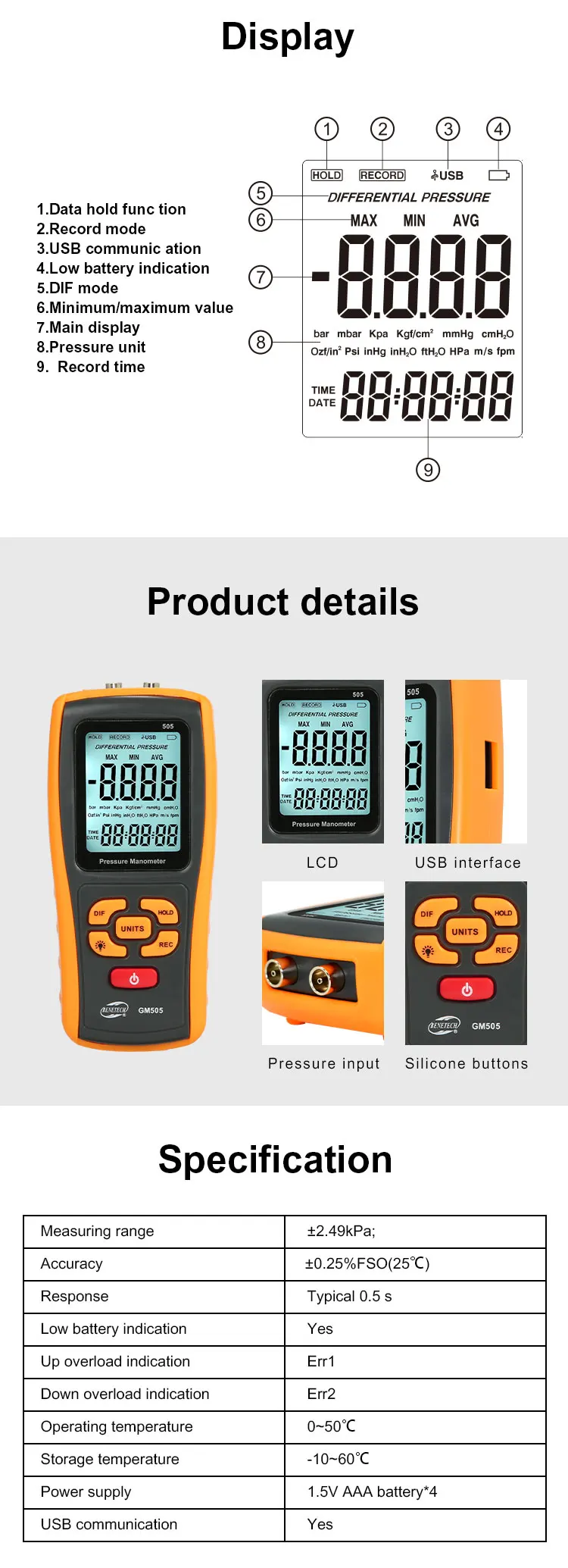 BENETECH GM505 Pressure Manometer - Precision & Custom Support