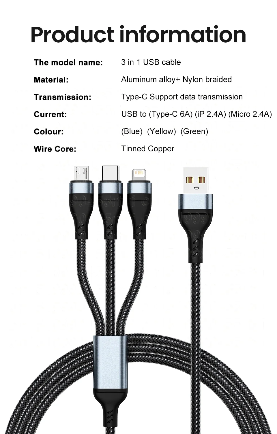 6a 3 In 1 Supercharging Cable Micro Usb Type-c Fast Charger Micro Usb ...