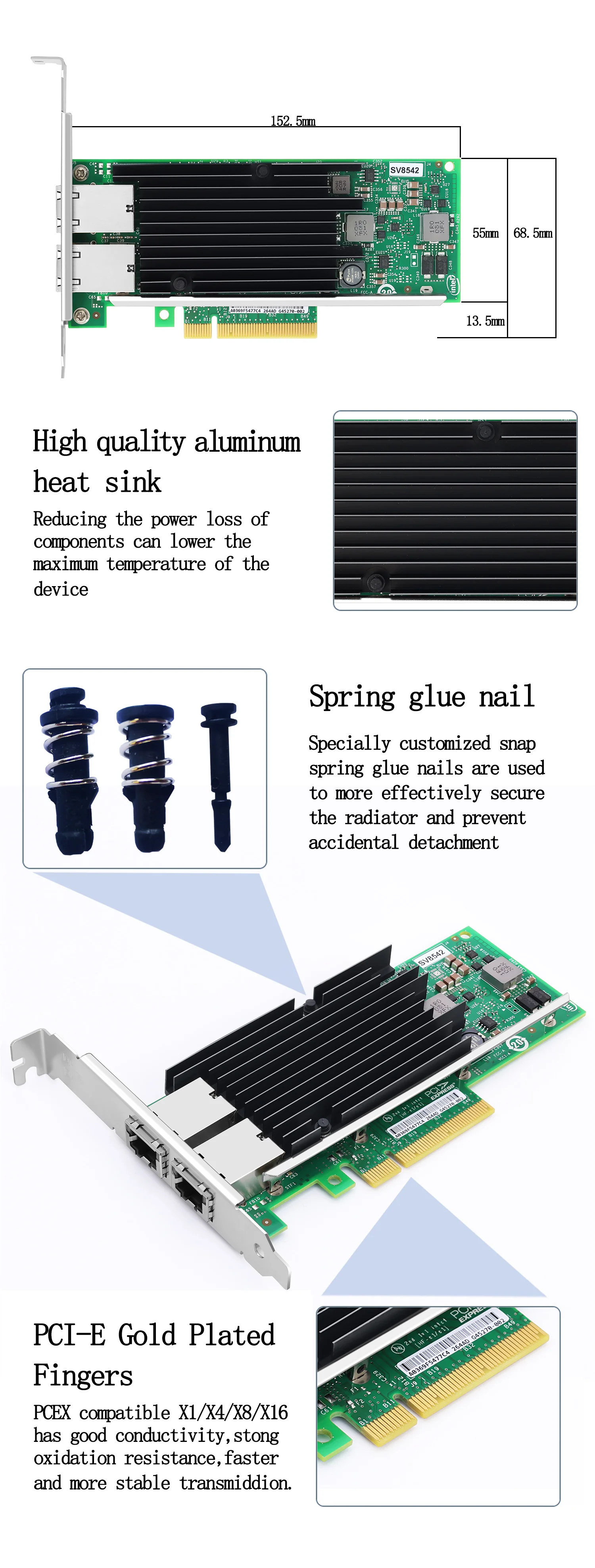 Network Interface Card Sv8542 Pcie V2.1 5.0 Gt/s X8 Lanes Elx540at2 Rj45 Dual Port 10gbe/1gbe ...