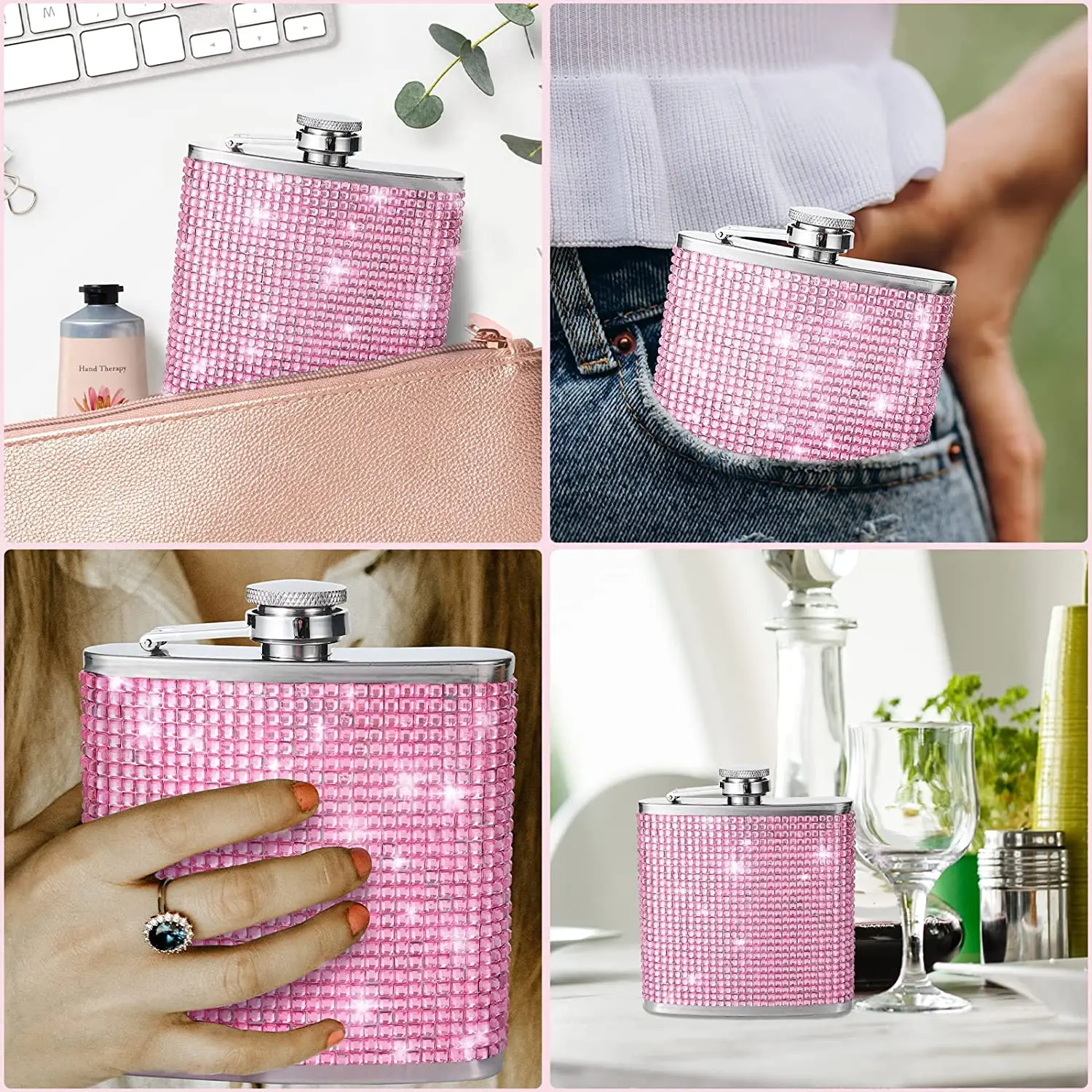 Women's Sparkling Rhinestone Hip Flask - Leak Proof Wine Bottle