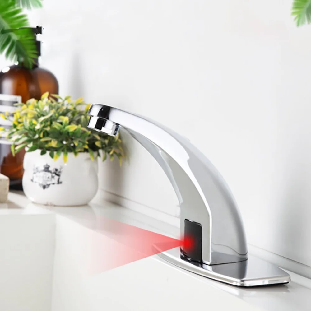 Chrome Touchless Automatic Mixer Lavatory Basin Faucet Sensor Smart Basin Faucet With Hole Cover ...