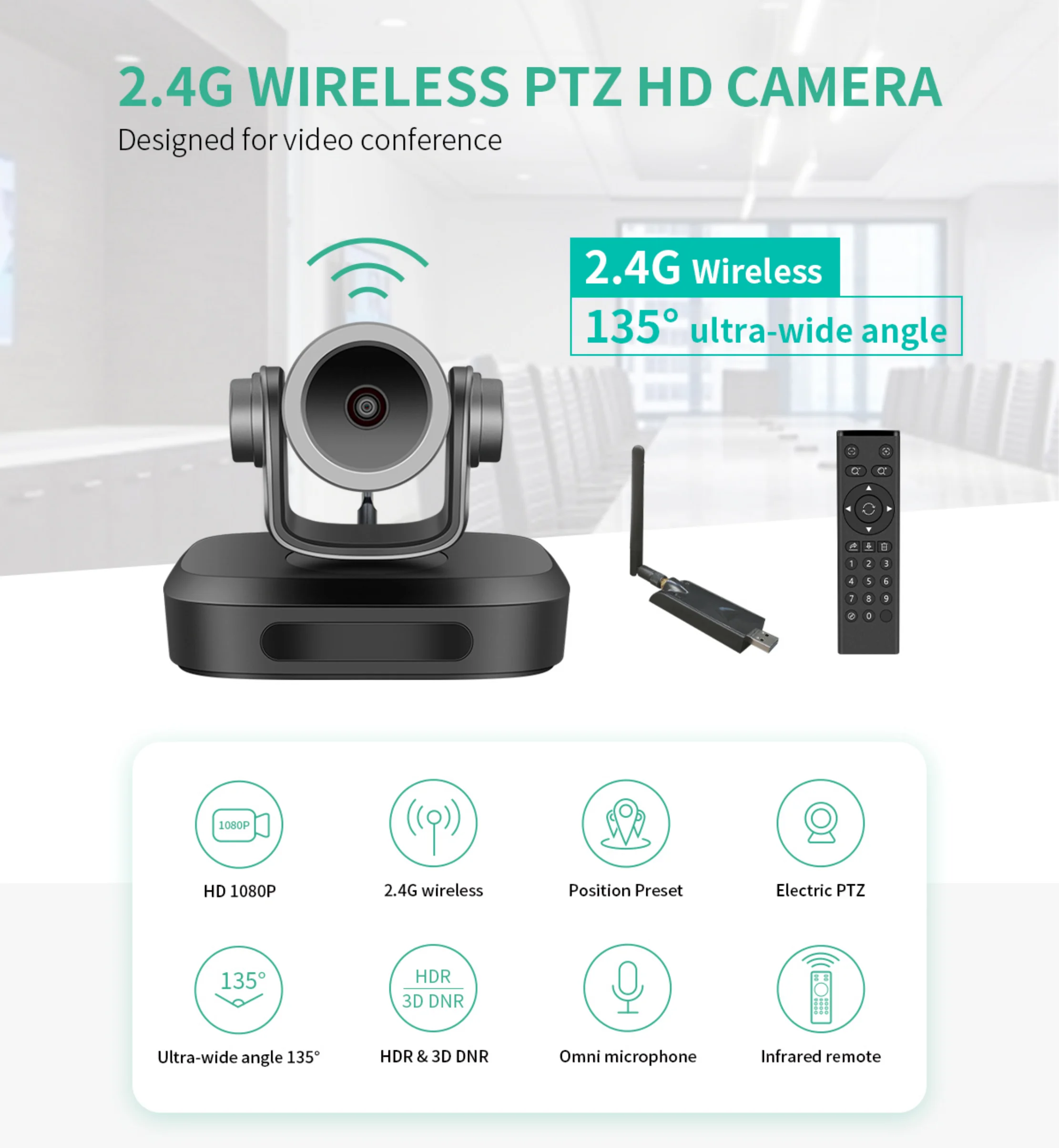 Hd Video Conference Camera Ptz 135 Ultra-wide Angle 2.4g Wireless ...