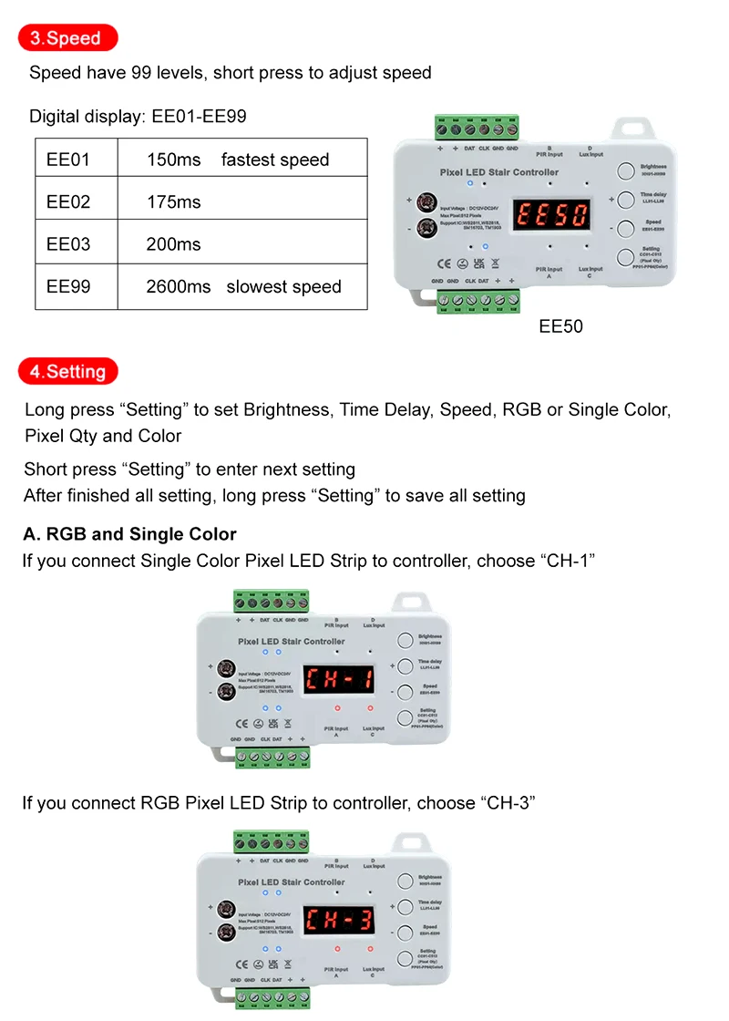 512 Pixel LED Stair Light Controller DC 12V 24V Dimmer & PIR Motion Sensor Switch for 2812 2811 ...