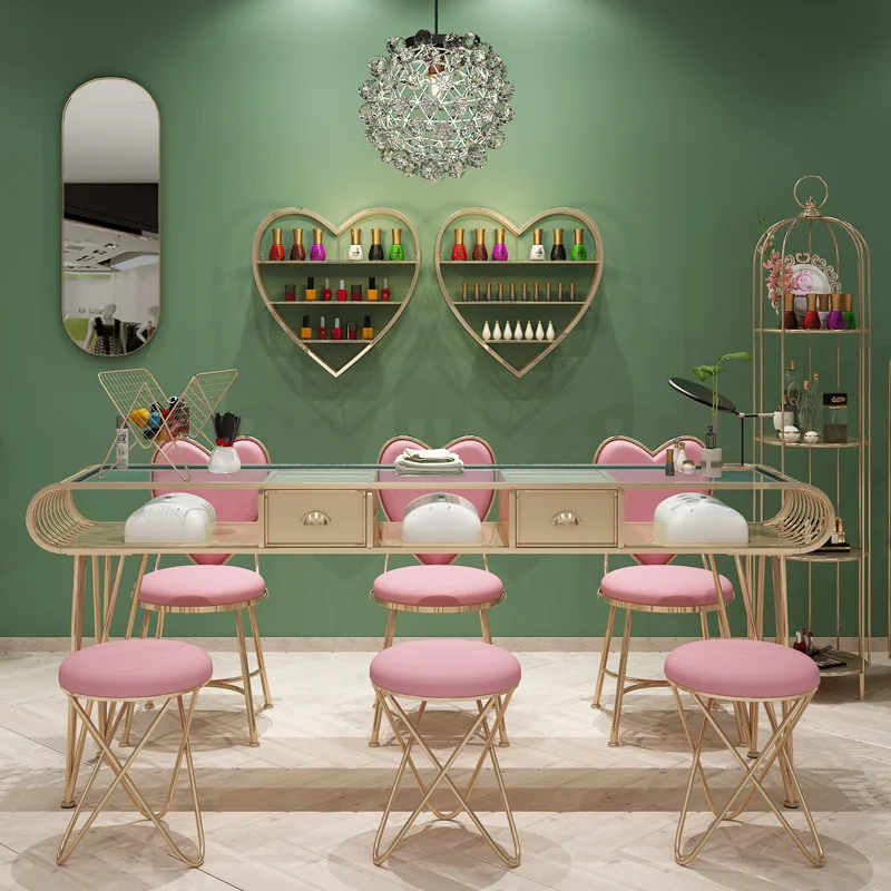 Golden Metal Nail Studio Station Glass Beauty Salon Furniture Pink ...