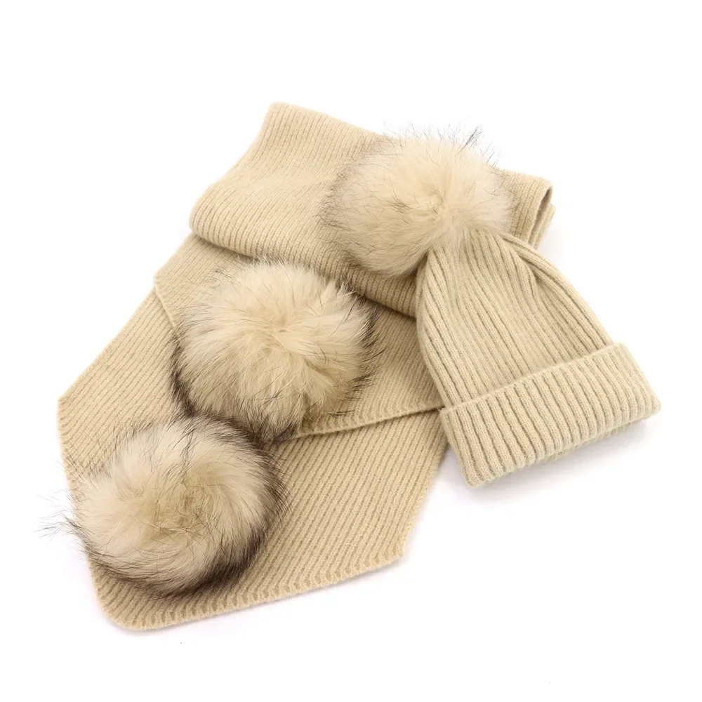 2023 Real Fox Fur Pompom Ball Soft Warm Scarf And Hat Set For Women ...