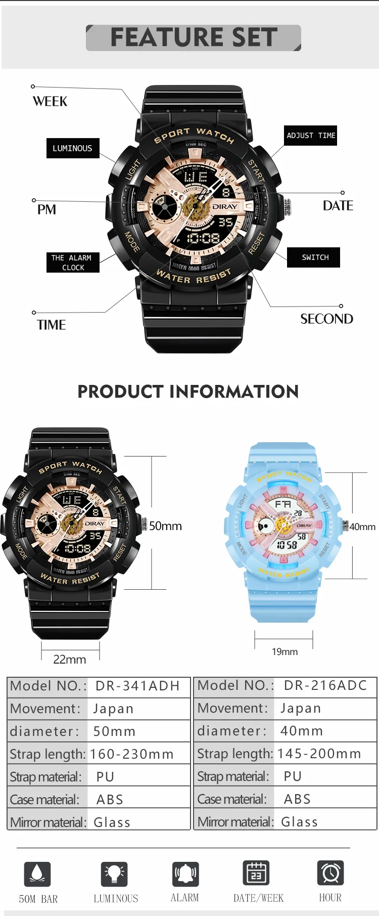 DIRAY Waterproof Wach Reloj Men Ladies Watch Luxury Sport