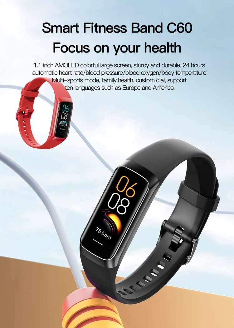 C60 Smart Band - 1.1" AMOLED Touch Screen, Heart Rate Monitor, Blood ...