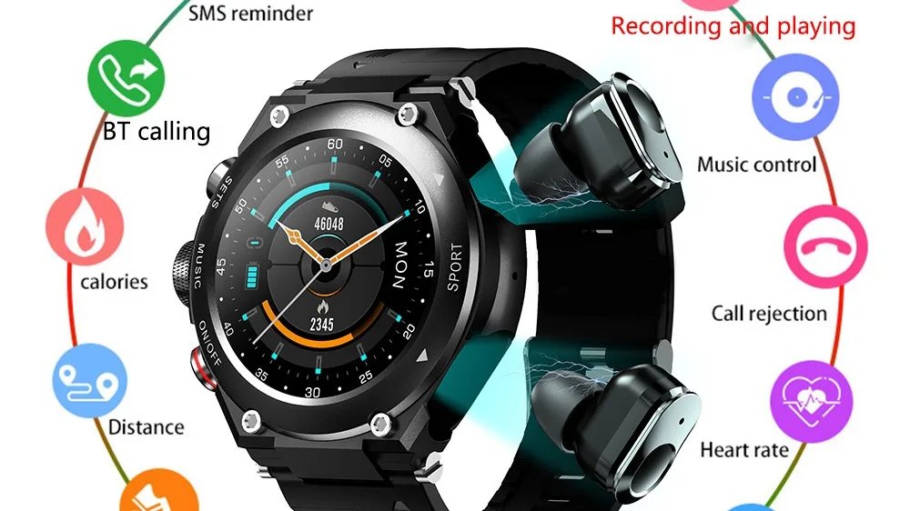 T92 Headphones Digital Smart Watch Voice Redorder With Mic Speaker Bt ...