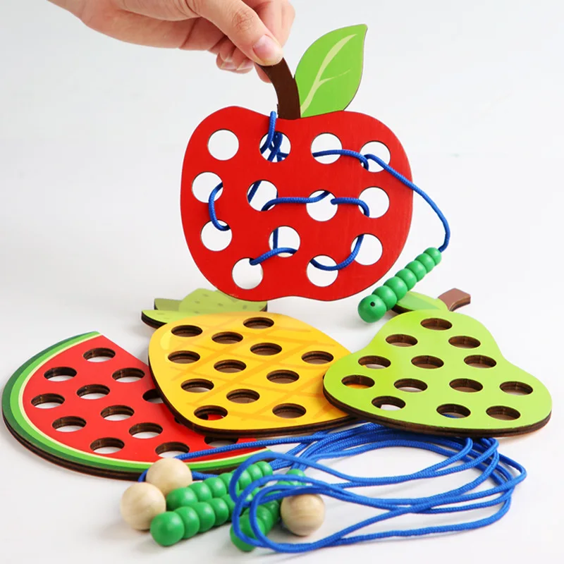 Wooden Fruit Threading Board Toys Montessori Early Education Threading ...