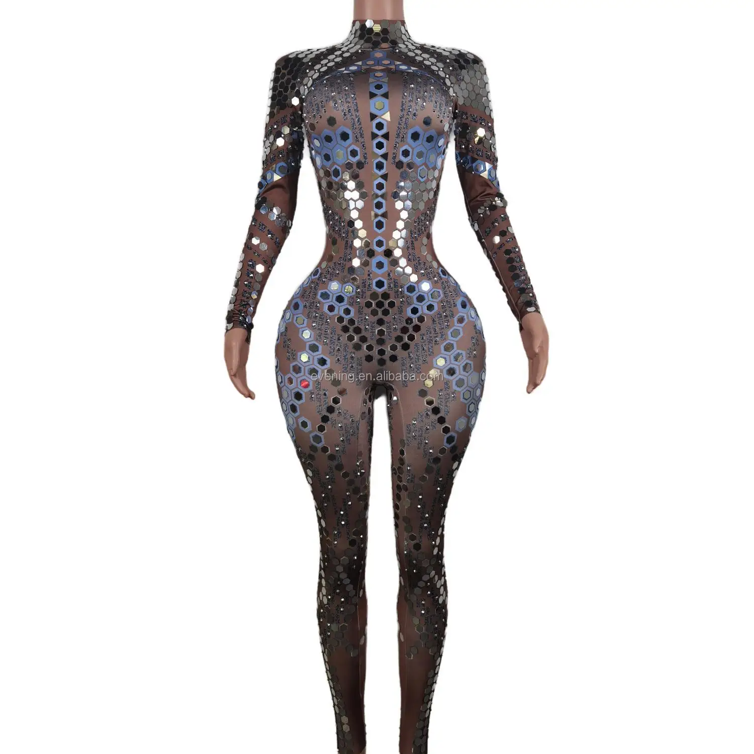 Sexy Bling Sequins Rhinestone Jumpsuit Spandex One Piece Bodysuits Slim