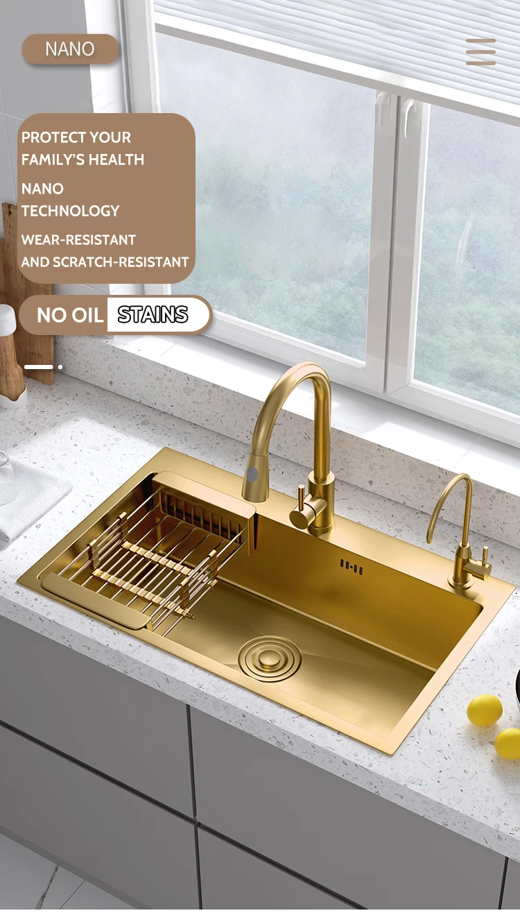 Single Bowl Kitchen Sink Hand Brushed Gold Finish Stainless Steel ...