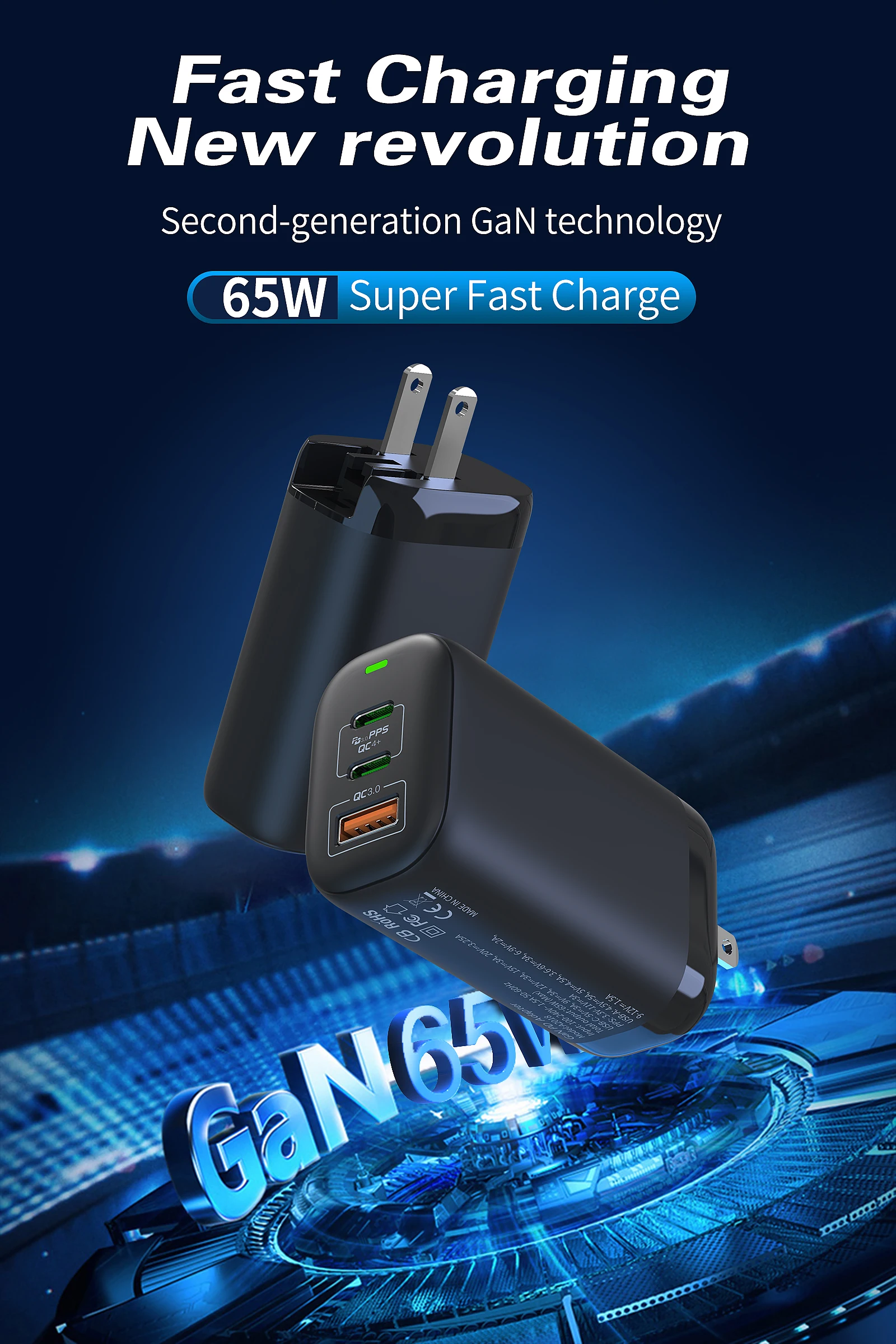 Gan Technology 65w Mini Wall Usb Charger 3 Ports Pd 3.0 Fast Charging ...