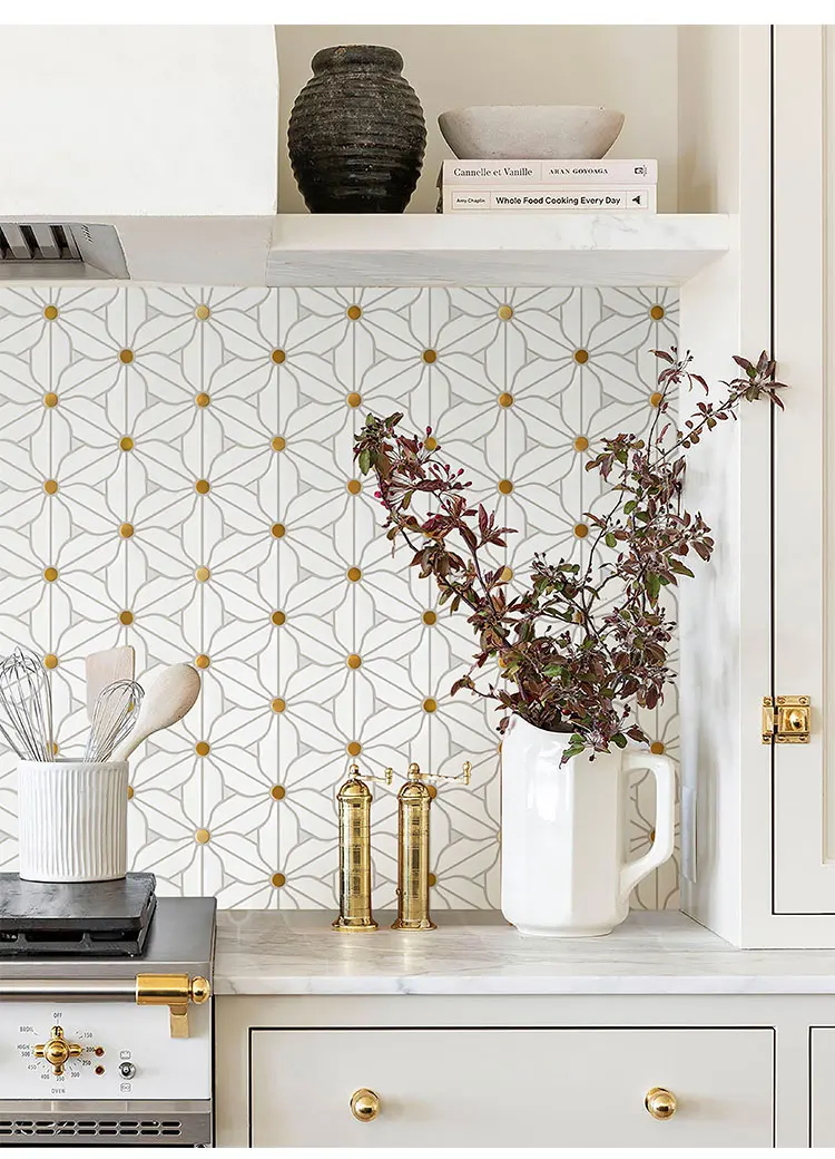 Waterjet Brass Inlay Flower Marble Mosaic Tile for Kitchen Backsplash ...