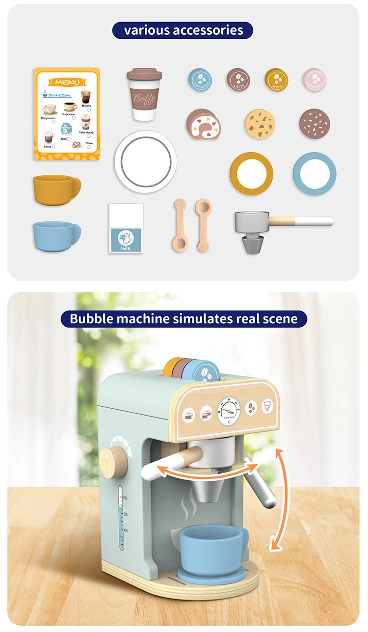 Wooden Pretend Play Coffee Machine Breakfast Bread Milk Set Children's ...