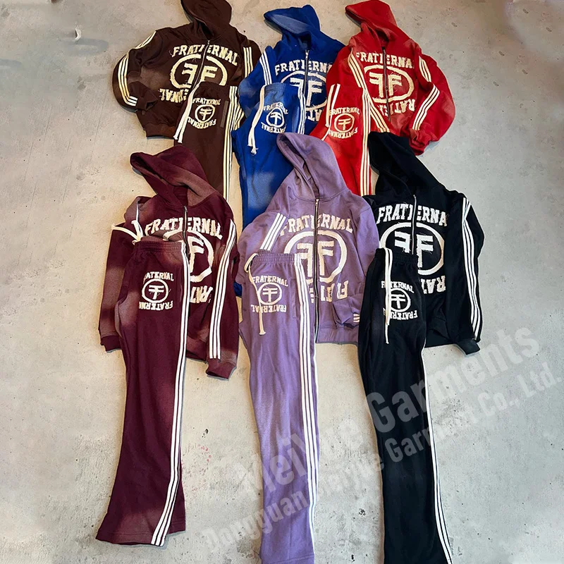 Custom Applique Hoodie Jogging Suits Flared Sweat Pant Joggers Zip up ...