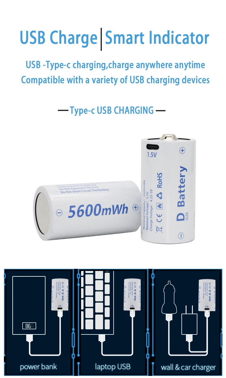 D Size 5600mwh Rechargeable Alkaline Usb 1.5v Cylindrical Aa Lithium Battery For 0.5mm Writing ...