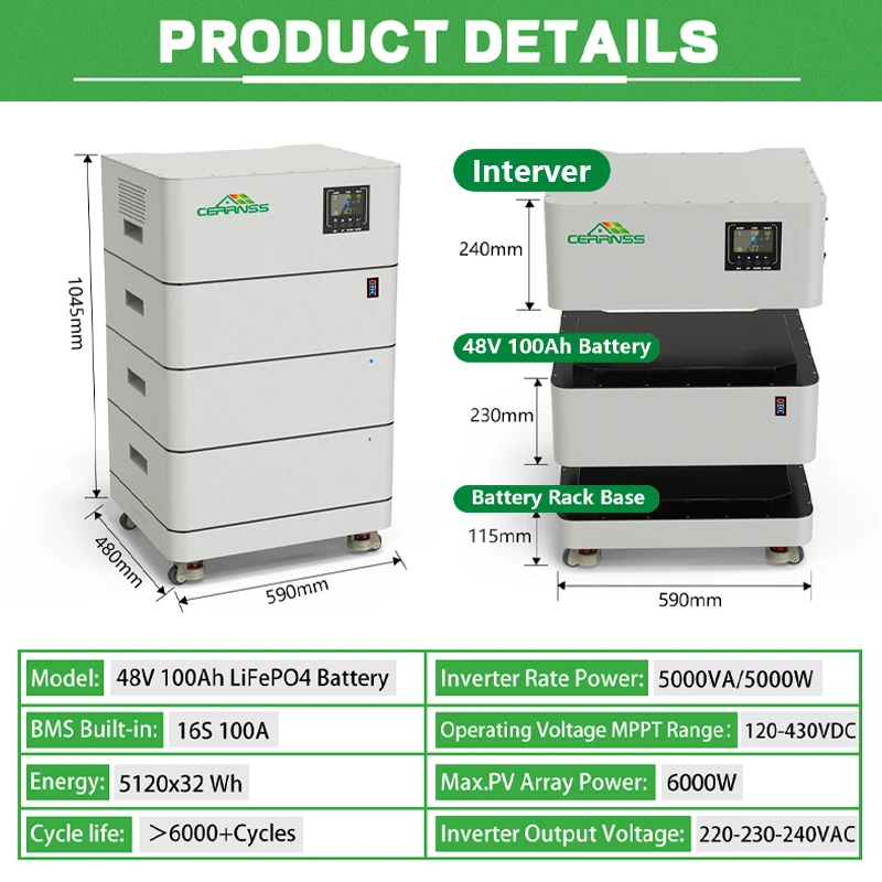 2 in 1 Home Solar Inverter & Stacked Lithium Battery 51.2V, 5Kwh-15Kwh ...