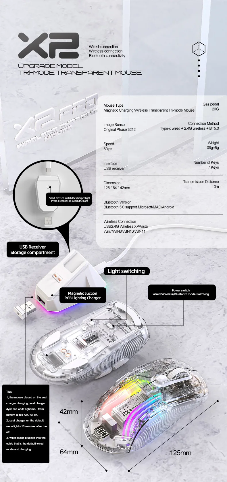 Attack Shark X2 PRO RGB Wireless Three-mode Transparent Gaming Mouse ...