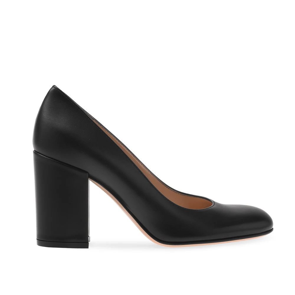 Round Toe 8 cm High Heel Black Shoes Chunky Heel Pumps for Women ...